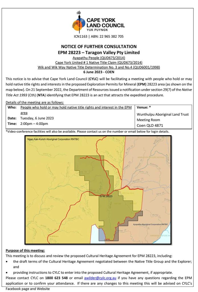NOTICE OF FURTHER CONSULTATION – EPM 28223 – Taragon Valley Pty Limited ...