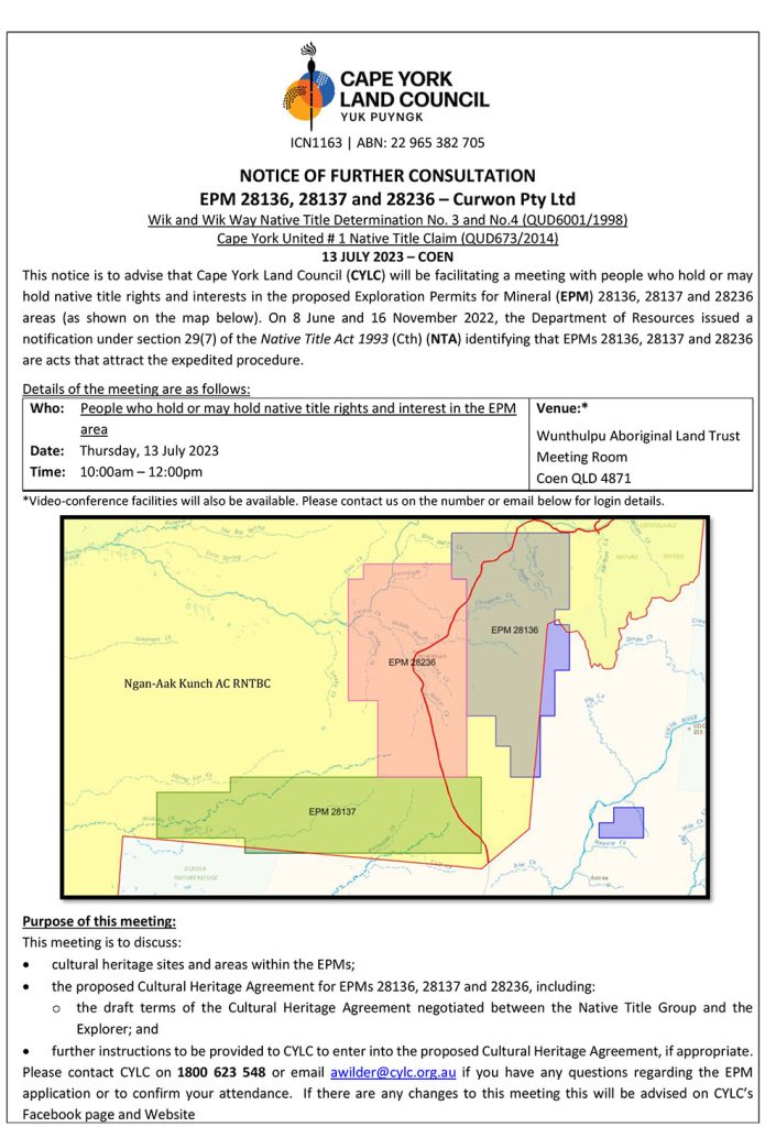 NOTICE OF FURTHER CONSULTATION – EPM 28136, 28137 and 28236 – Curwon ...