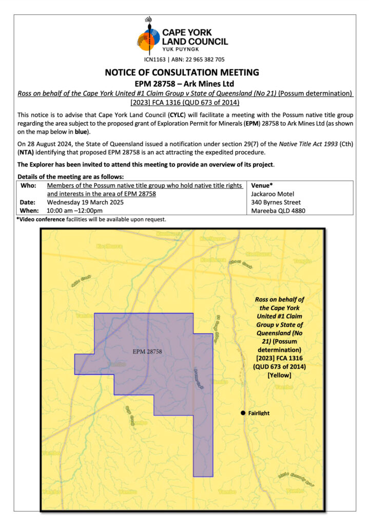 NOTICE OF CONSULTATION MEETING EPM 28758 – Ark Mines Ltd - Cape York ...